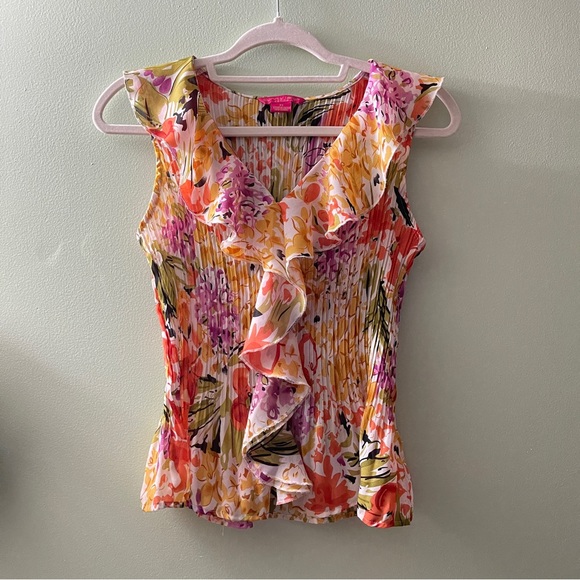 Sunny Leigh | Tops | Y2k Ruffle Neck Accordion Fabric Floral Sleeveless ...